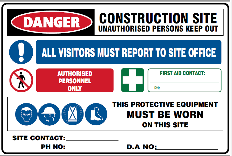 DANGER Construction Site Multi Sign - 900mm x 600mm